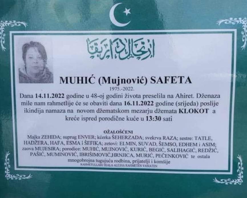 Na Ahiret preselila Muhić (Mujnović) Safeta