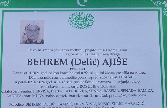 Na Ahiret preselila BEHREM (Delić) AJIŠE