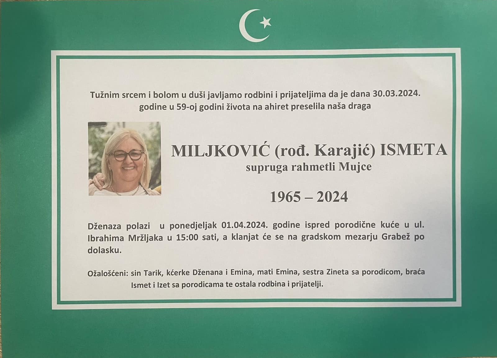 Na Ahiret preselila Miljković (rođ. Karajić) Ismeta