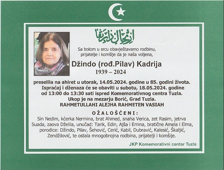 Na Ahiret preselila Džindo (rođ.Pilav) Kadrija