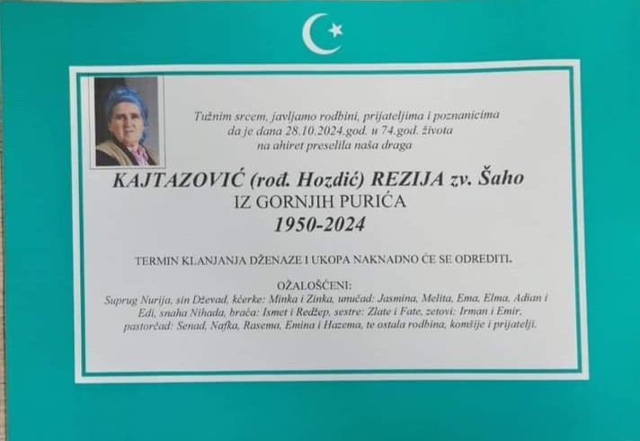 Na Ahiret preselila Kajtazović (rođ. Hozdić) Rezija zv. Šaho