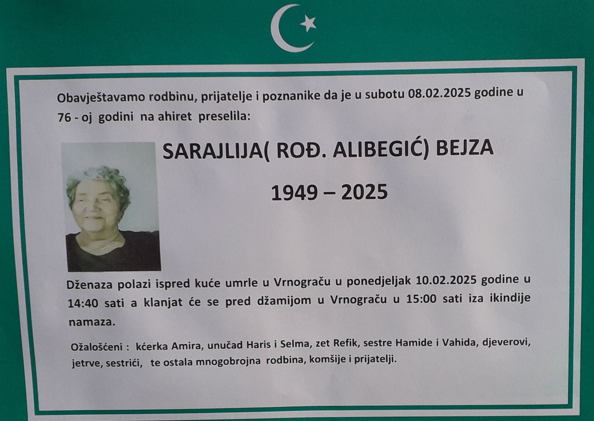 Na Ahiret preselila Sarajlija (rođ. Alibegić) Bejza