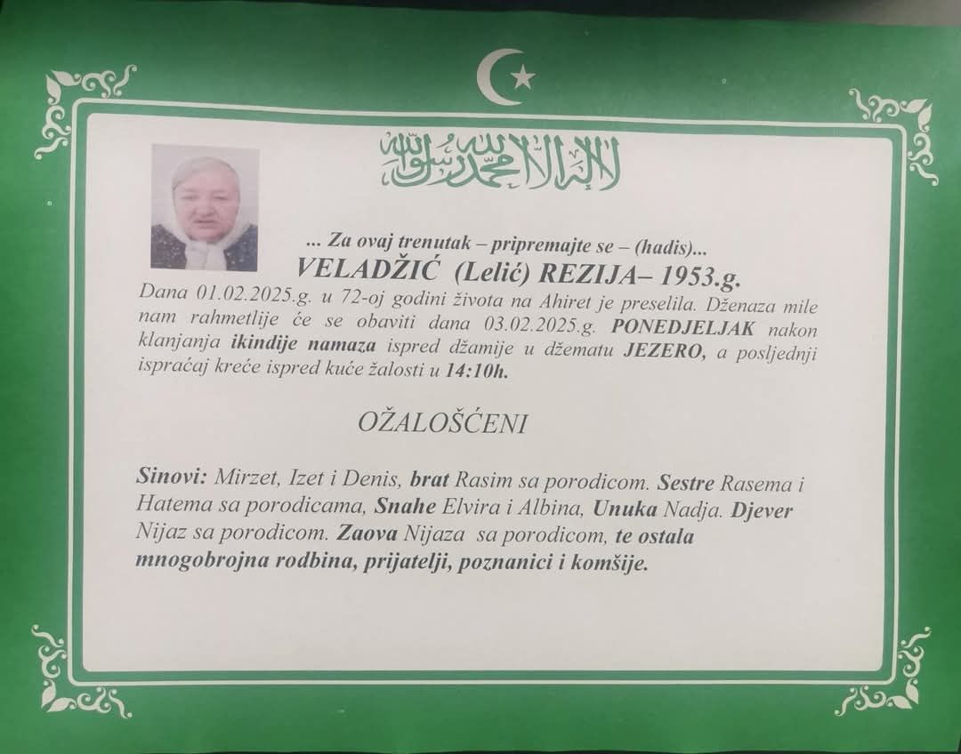 Na Ahiret preselila Veladžić (Lelić) Rezija