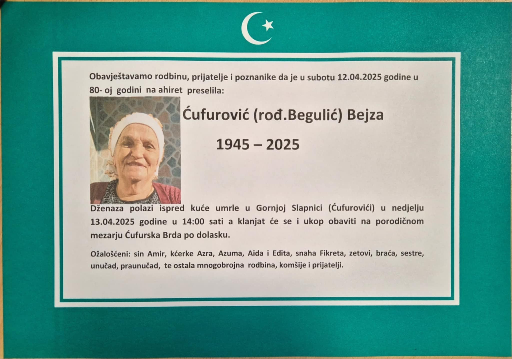 Na Ahiret preselila Ćufurović (rođ.Begulić) Bejza
