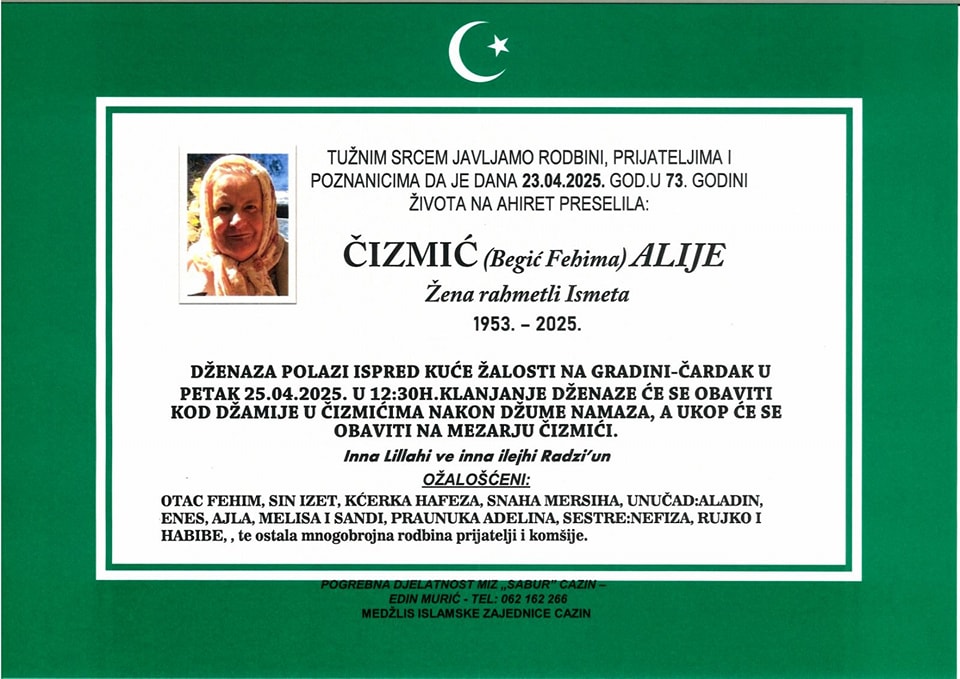 Na Ahiret preselila Čizmić (Begić Fehima) Alije