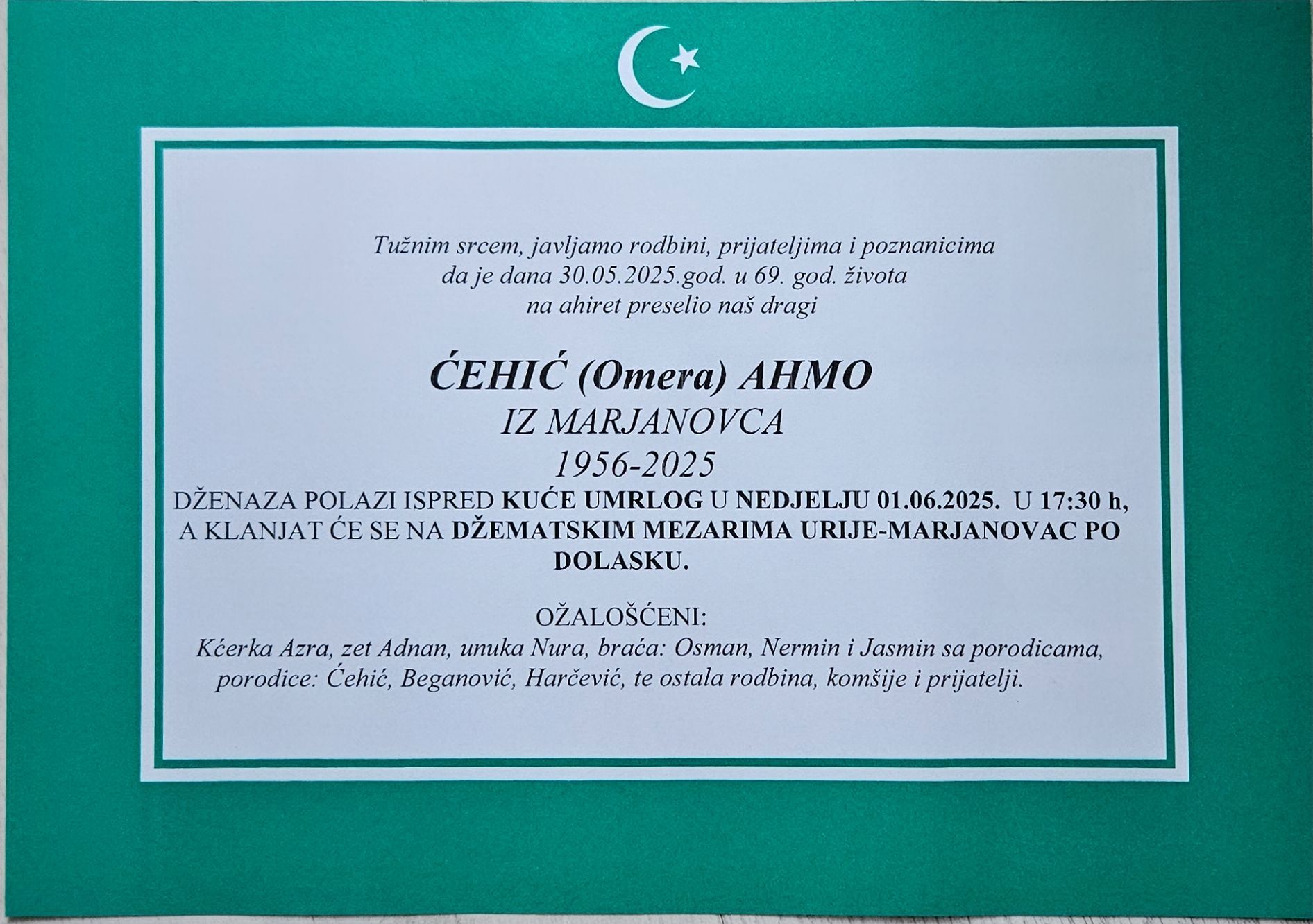 Na Ahiret preselio Ćehić (Omera) Ahmo