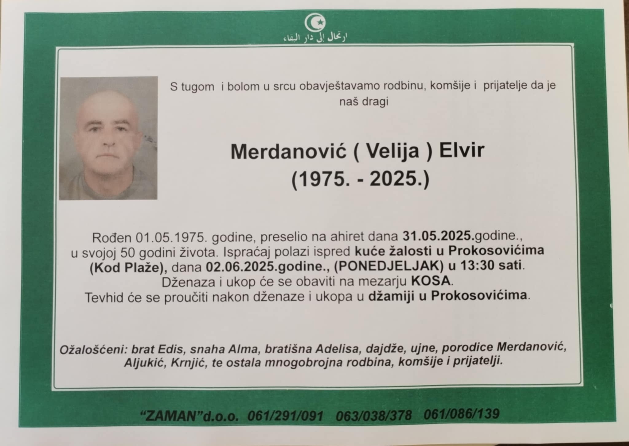 U 50.godini života na Ahiret preselio Merdanović (Velija ) Elvir