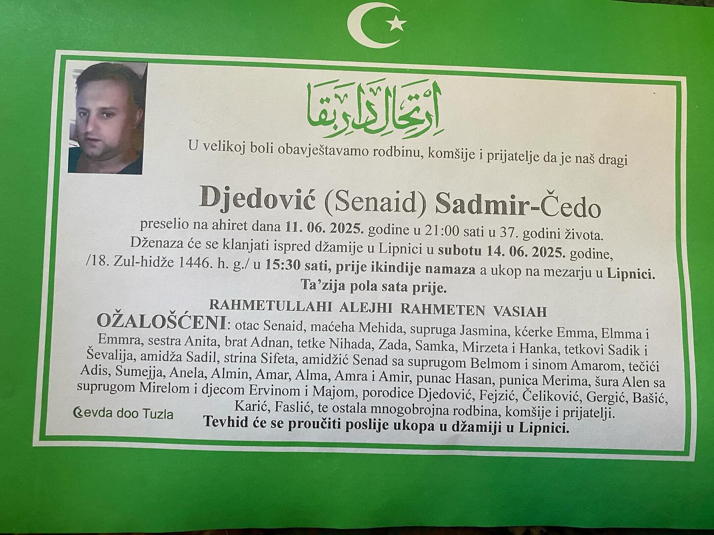 Tuga! U 37. godini života na Ahiret preselio Djedović (Senaid) Sadmir-Čedo
