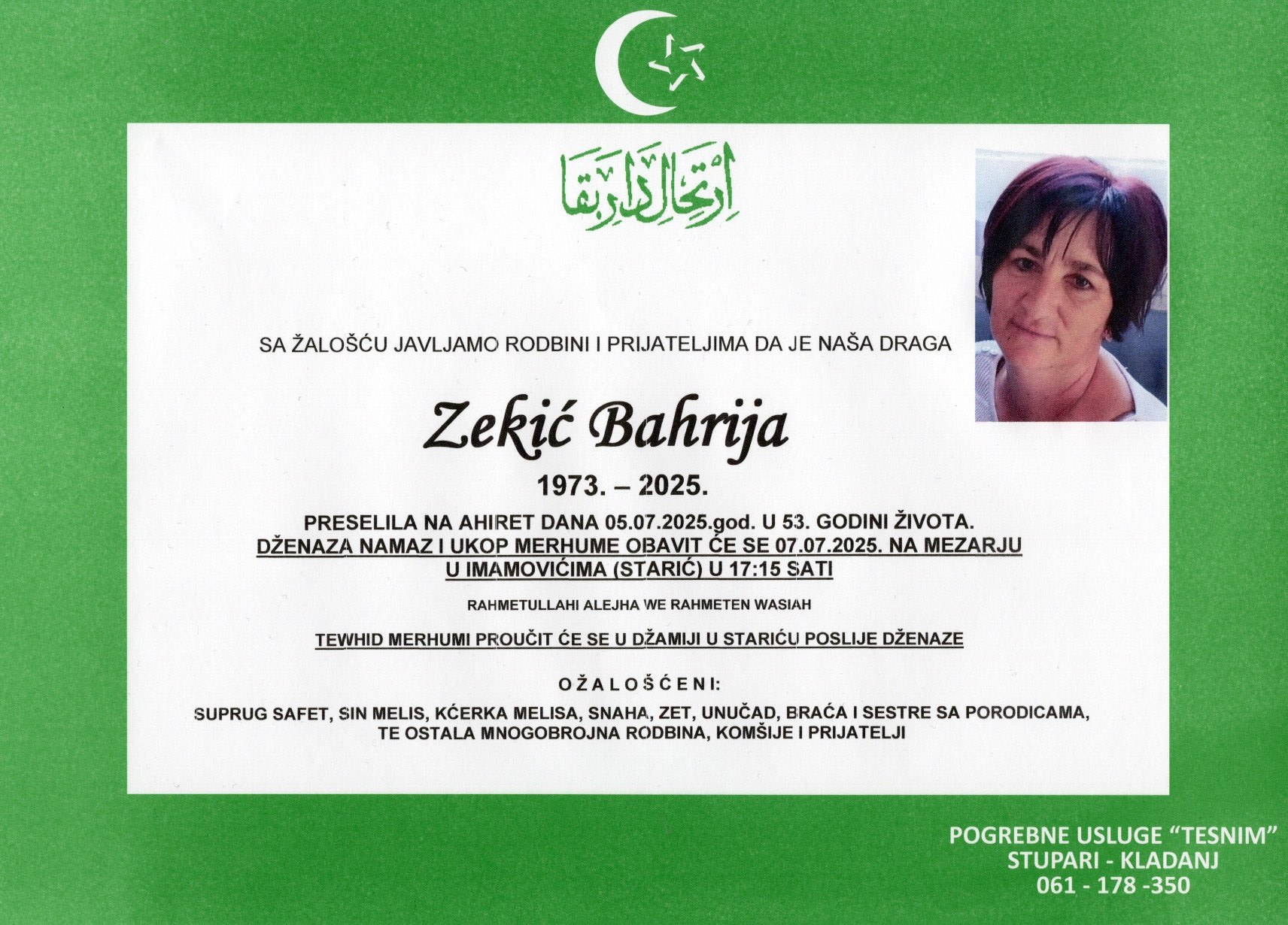Na Ahiret preselila Zekić Bahrija
