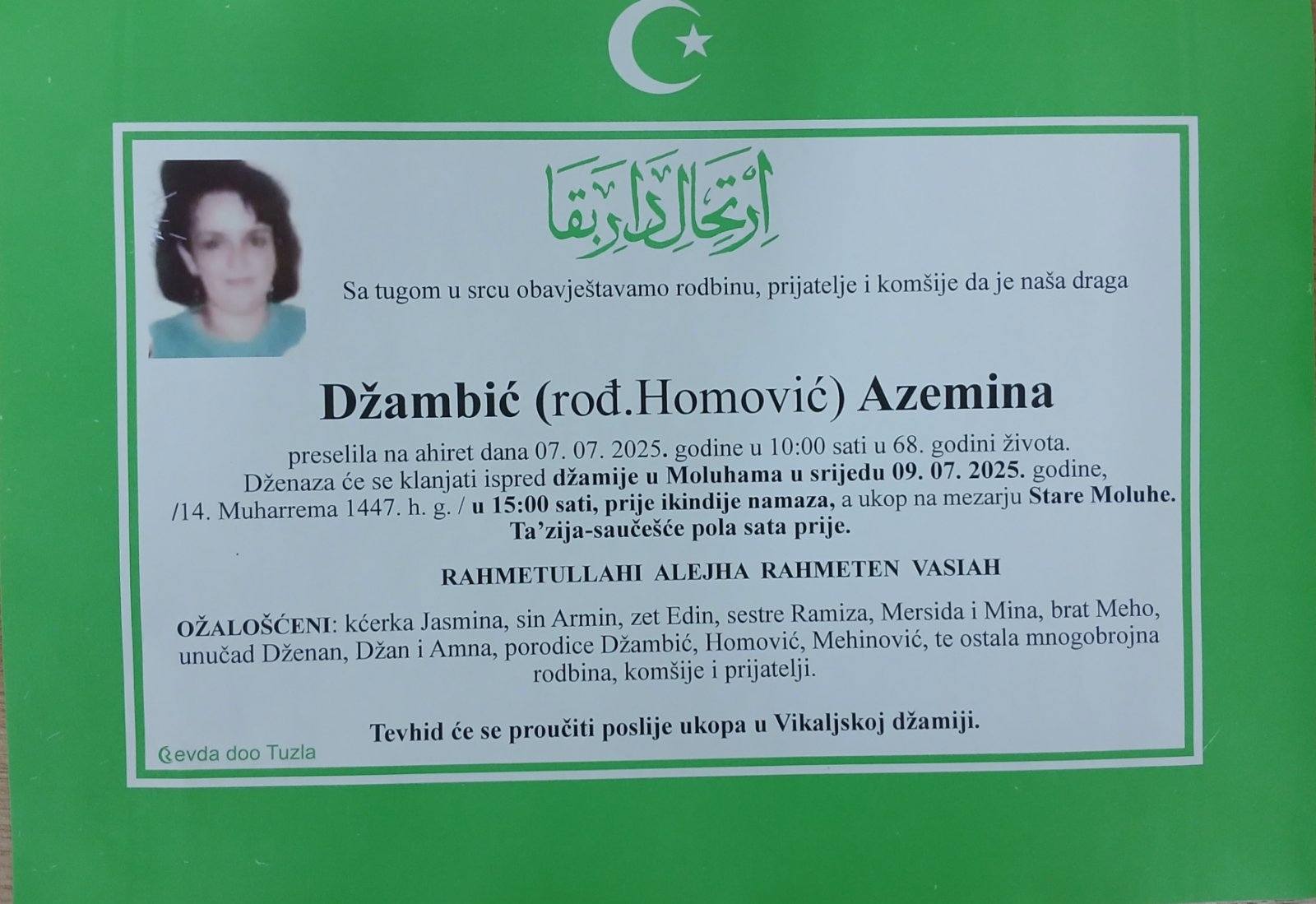 Na Ahiret preselila Džambić (rođ.Homović) Azemina