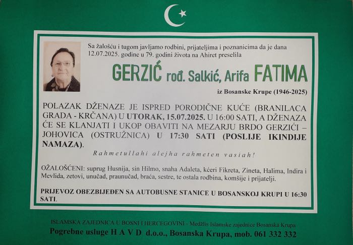 Na Ahiret preselila Gerzić rođ. Salkić, Arifa Fatima