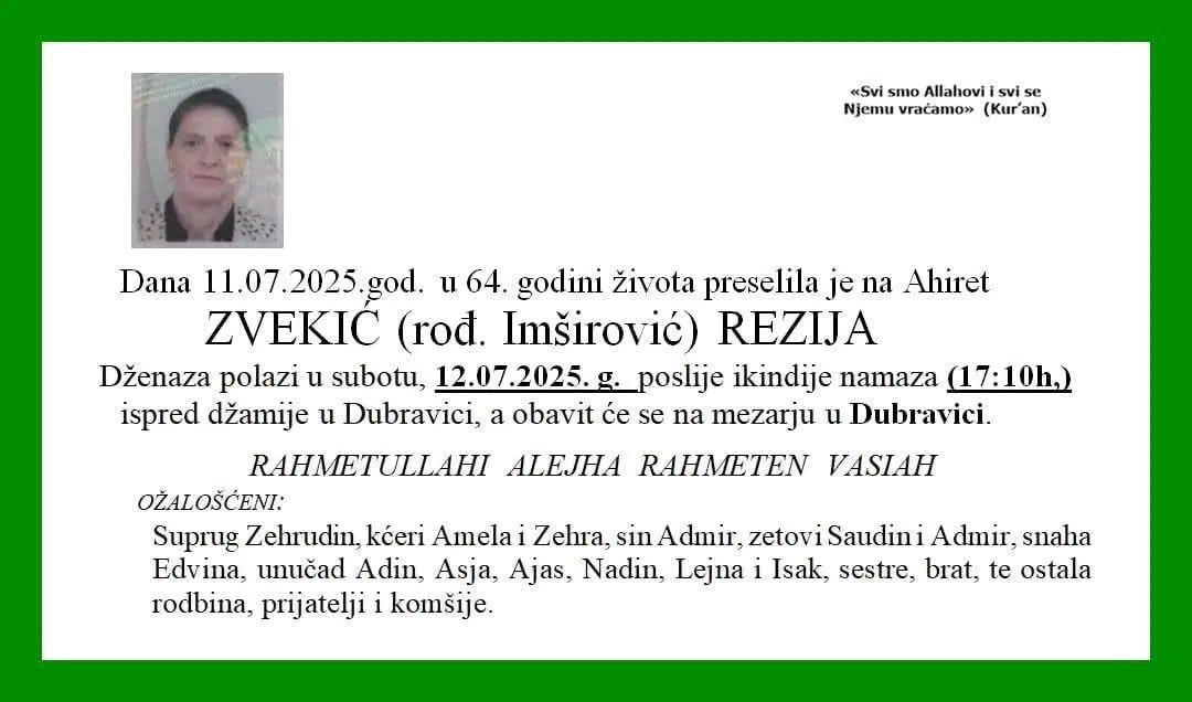 Na Ahiret preselila Zvekić (rođ. Imširović) Rezija
