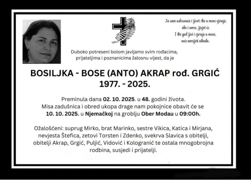 U 48.godini života preminula Bosiljka - Bose (Anto) Akrap rođ. Grgić