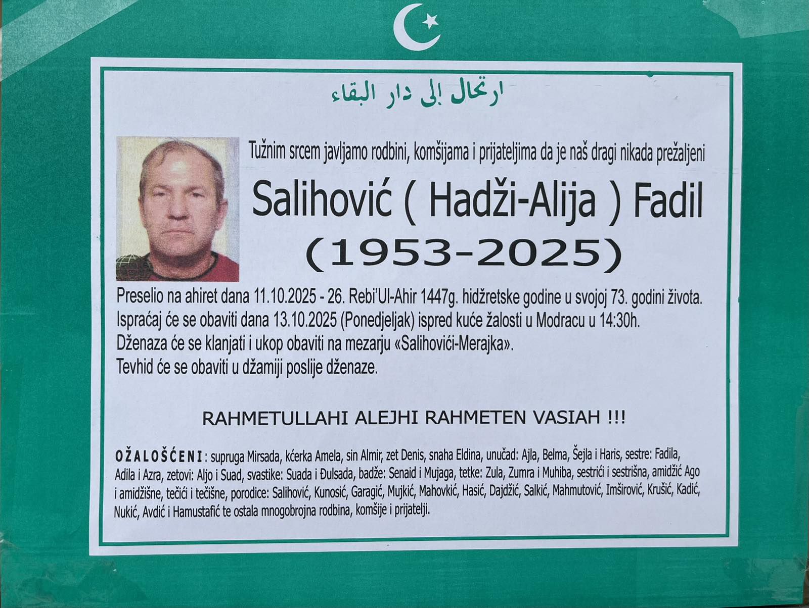Na Ahiret preselio Salihović (Hadži-Alija) Fadil