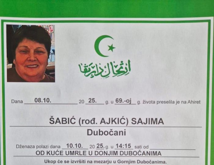 Na Ahiret preselila Šabić (rođ. Ajkić) Sajima