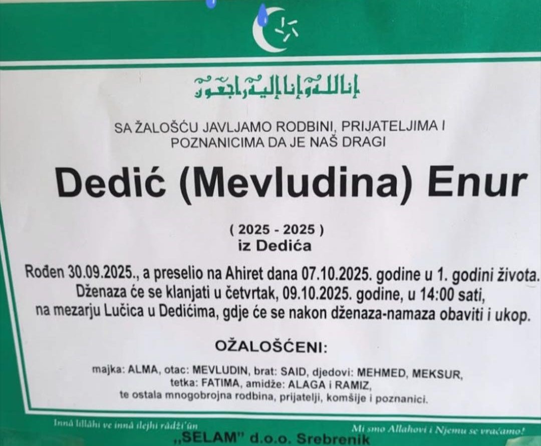 Velika tuga u Srebreniku! U 1.godini života na Ahiret preselio Dedić ...