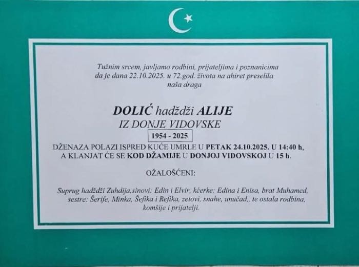 Na Ahiret preselila Dolić hadždži Alije