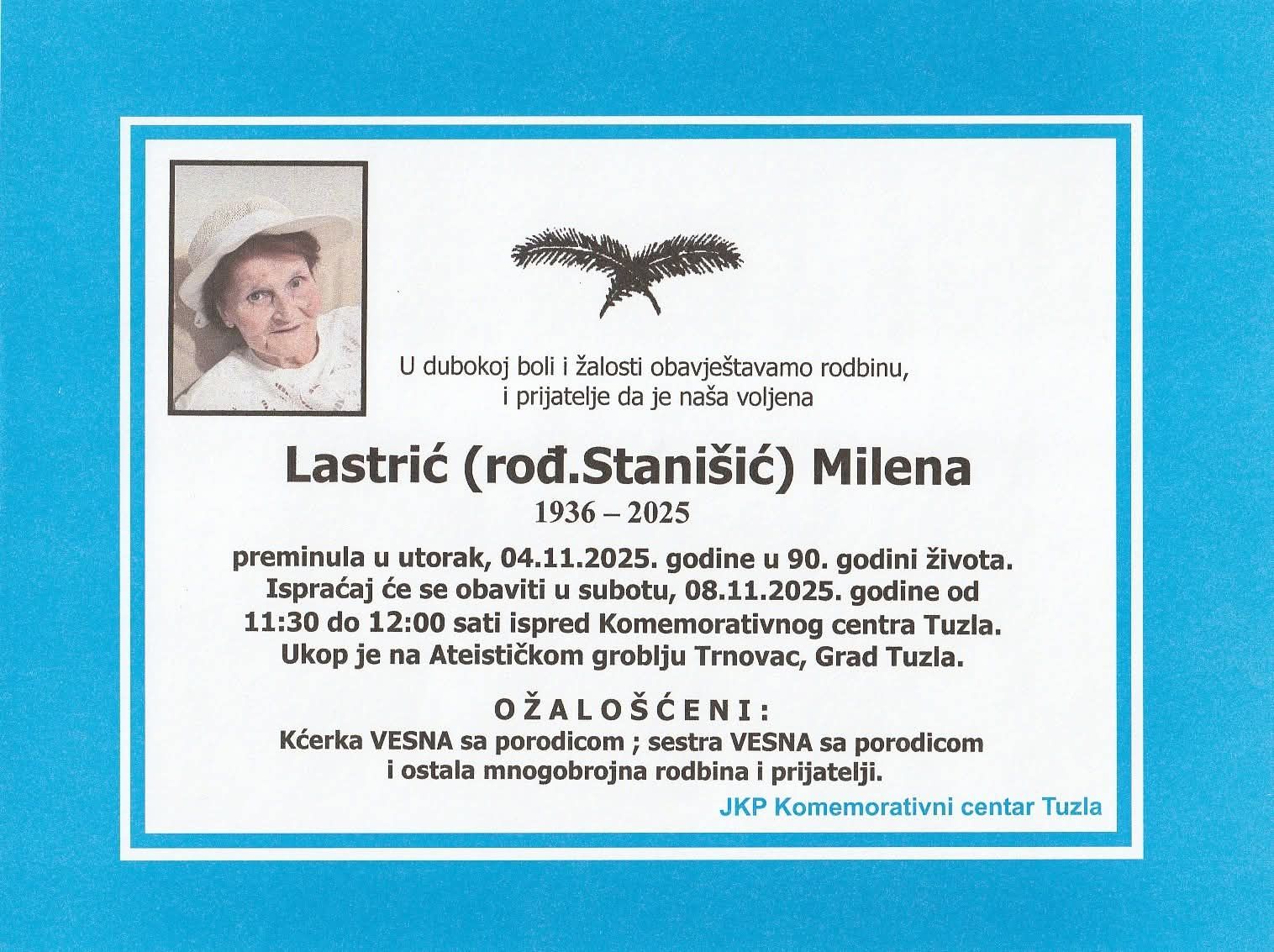 Preminula Lastrić (rođ.Stanišić) Milena