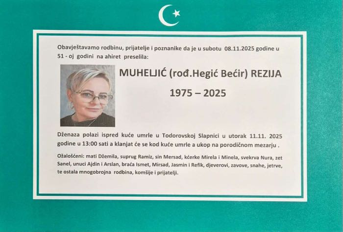Na Ahiret preselila Muheljić (rođ.Hegić Bećir) Rezija