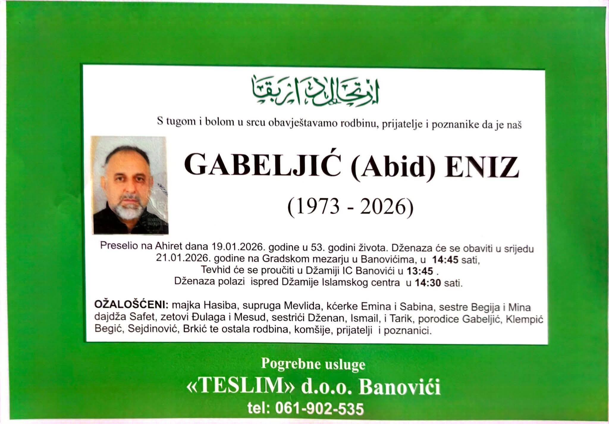 U 53.godini života na Ahiret preselio Gabeljić (Abid) Eniz