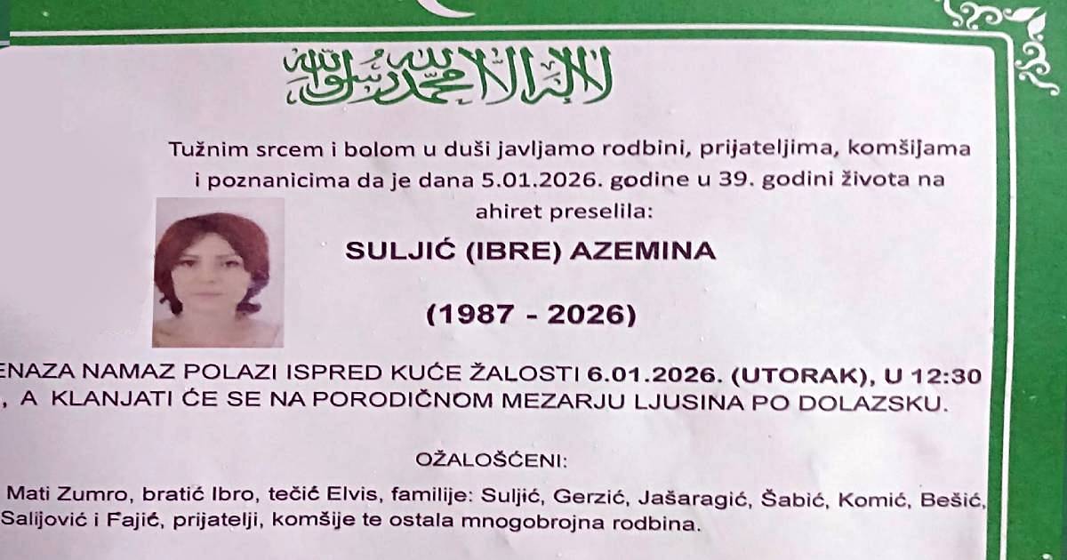 Tuga u Krajini: U 39. godini života na Ahiret preselila Suljić Azemina