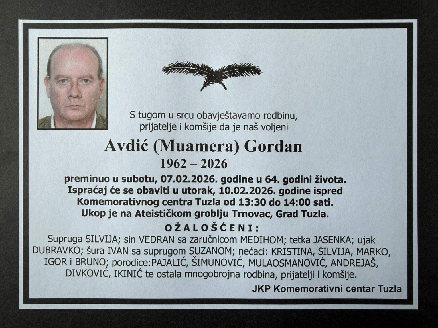 U 64.godini života preminuo Avdić (Muamera) Gordan