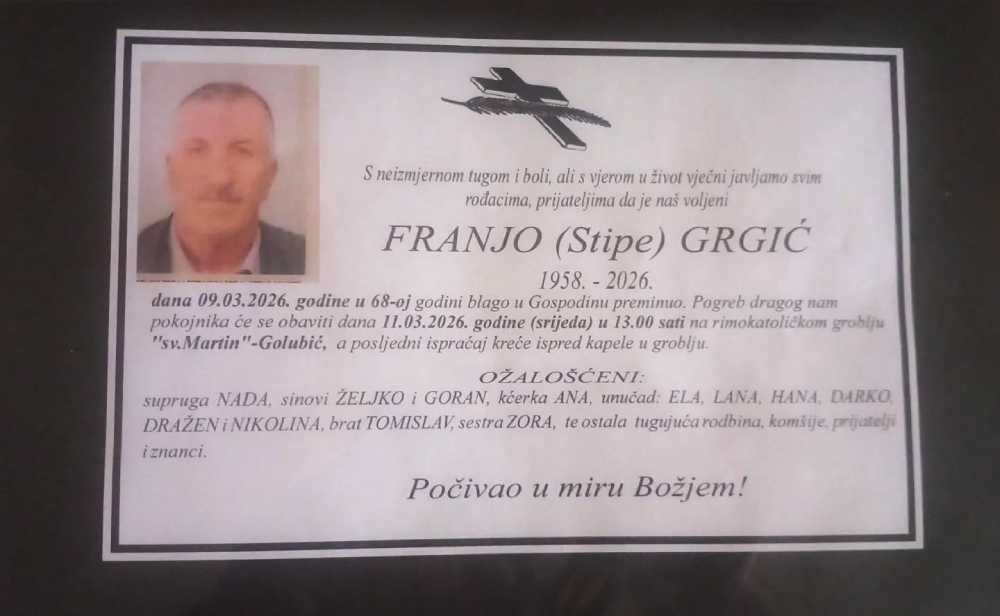 Bihać: Preminuo Franjo (Stipe) Grgić