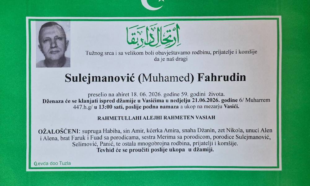 Na Ahiret preselio Sulejmanović (Muhamed) Fahrudin